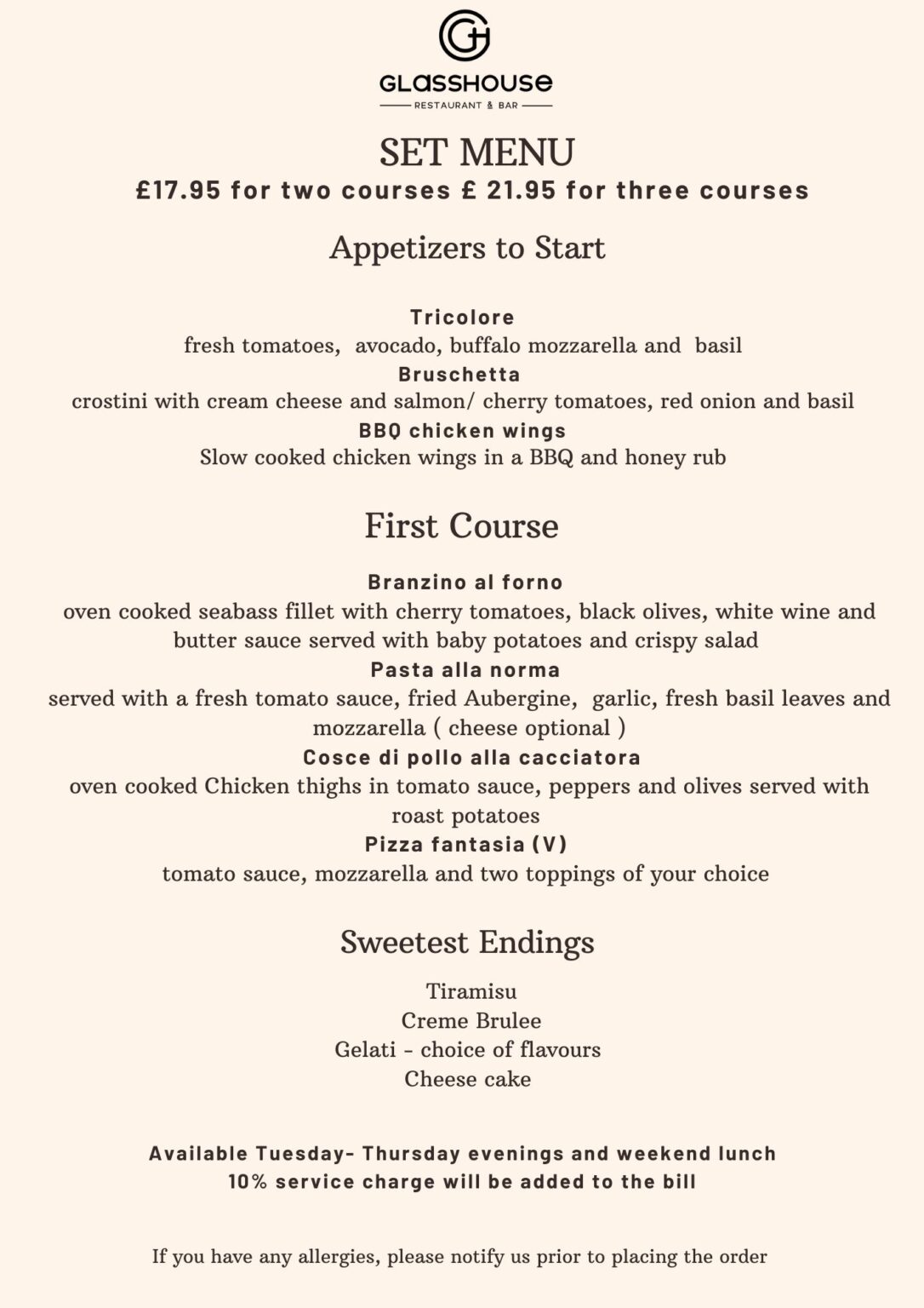 Glasshouse Bexleyheath | Menu